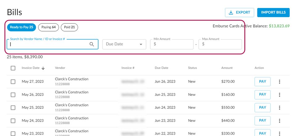 Bills Page Overview – Emburse Spend Help Center