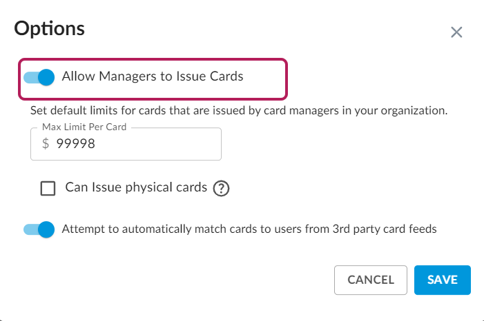 Enable Card Issuing for Managers – Emburse Spend Help Center