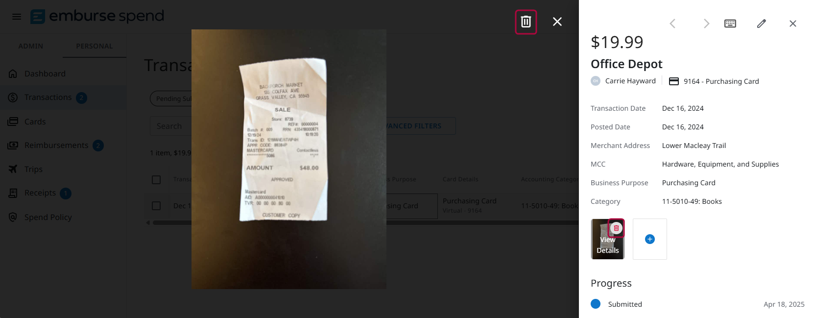 Remove or Replace Receipts on Expenses – Emburse Spend Help Center