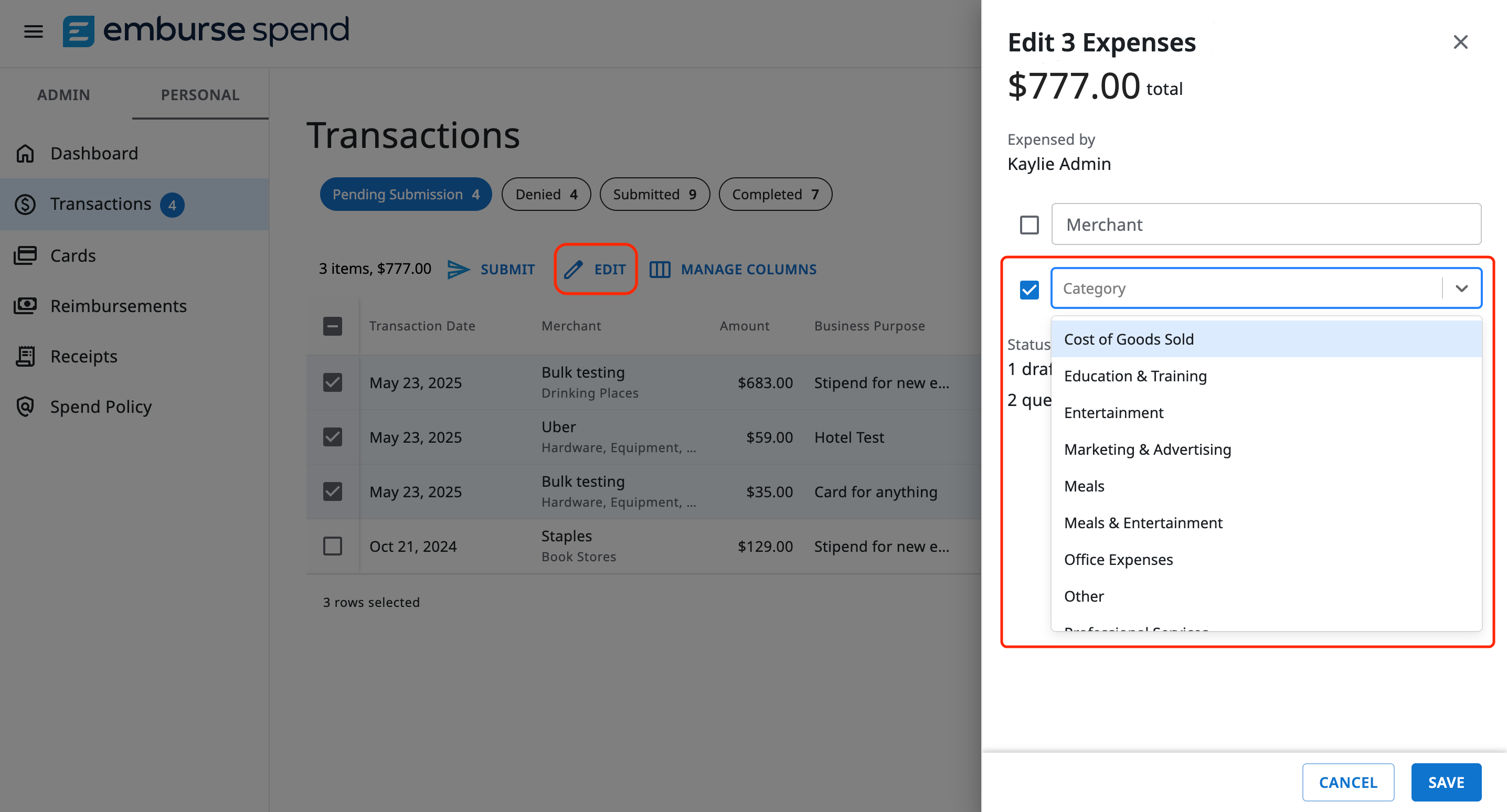 Bulk Edit and Submit Transactions as a User – Emburse Spend Help Center