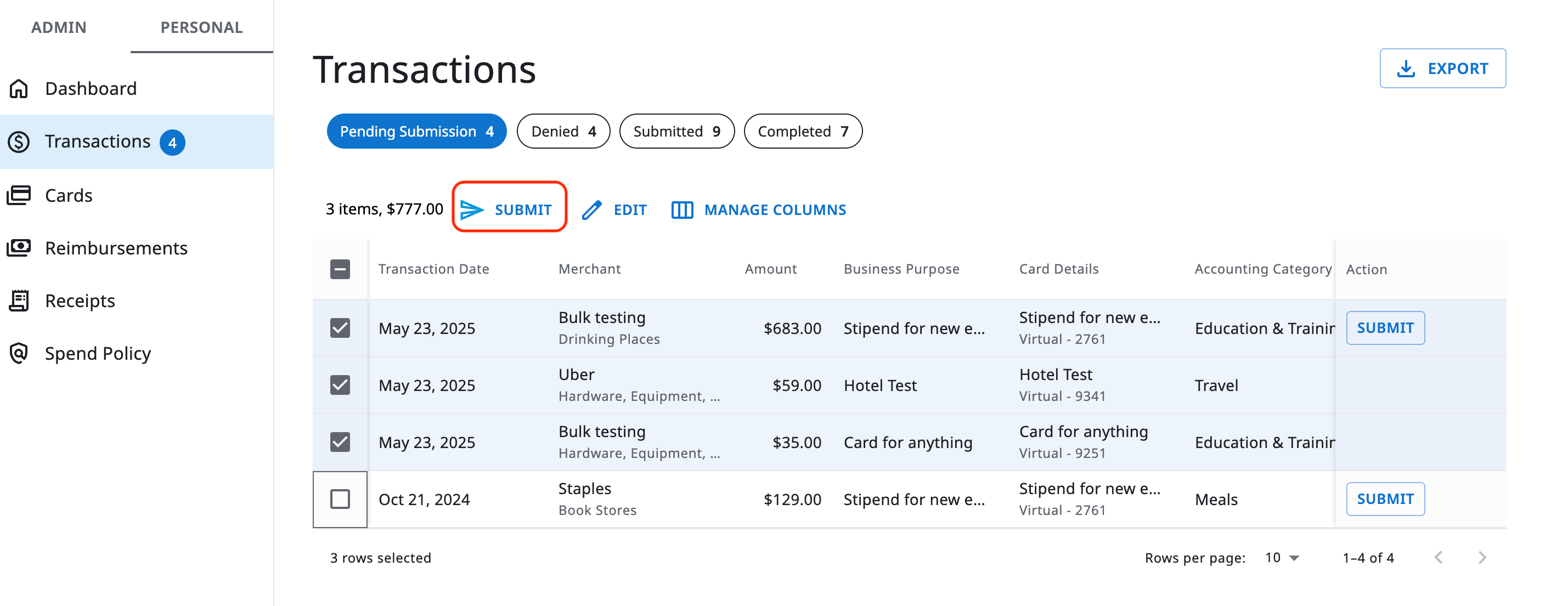 Bulk Edit and Submit Transactions as a User – Emburse Spend Help Center